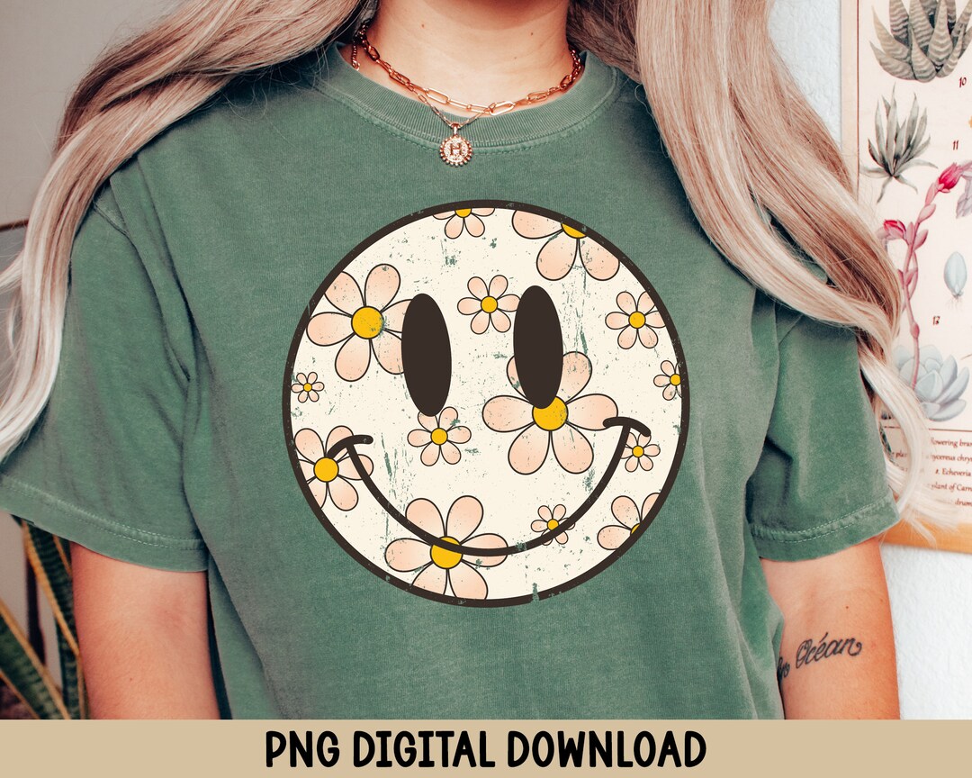 Retro Smiley Face Daisy Flower Png Solid and Distressed - Etsy