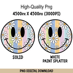 Retro Smiley Face Daisy Flower Png White Paint Splatter - Etsy