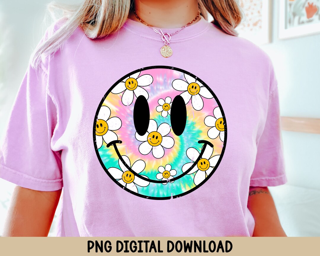 Retro Smiley Face Daisy Flower Png Solid and Distressed - Etsy