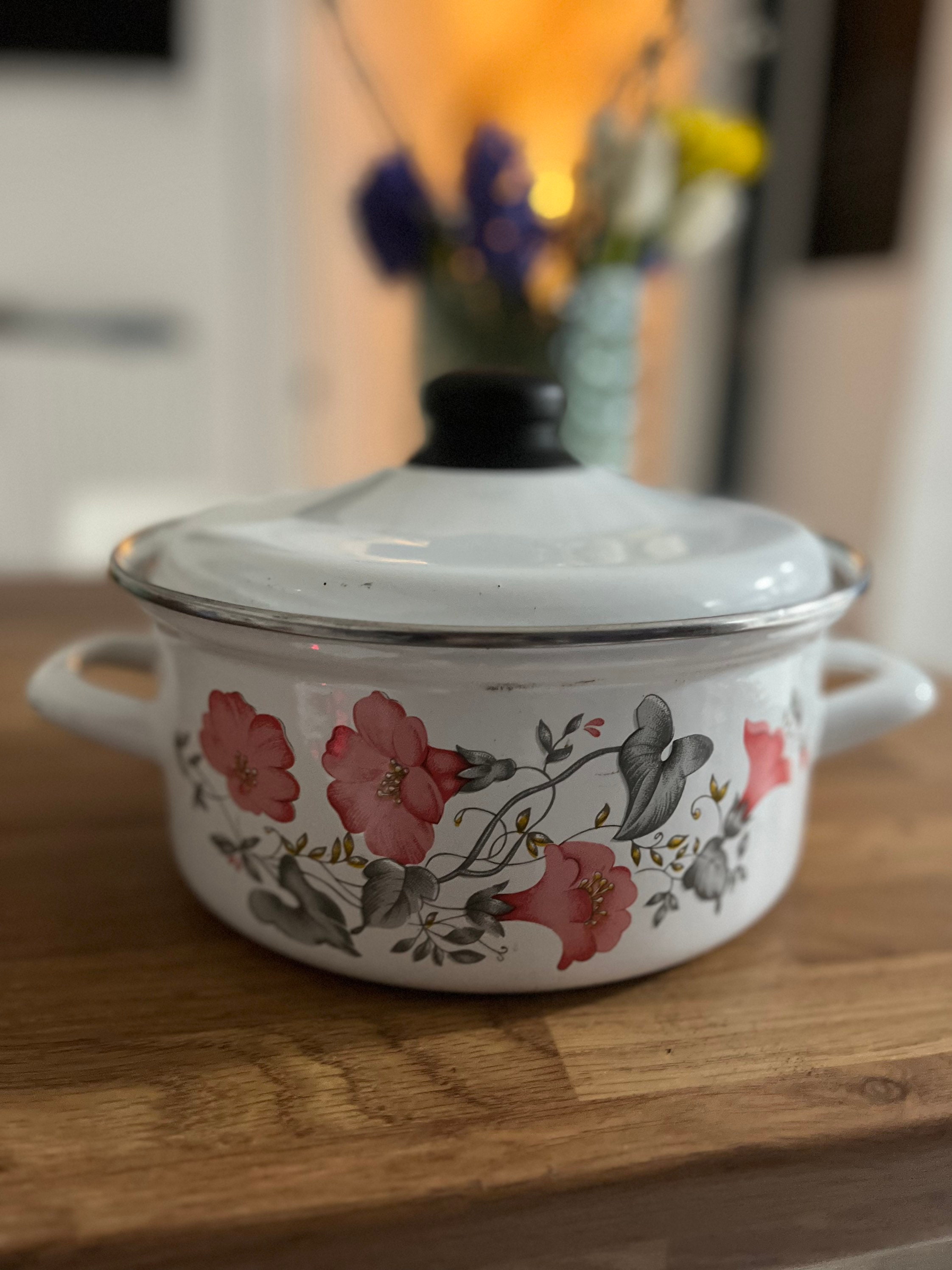 Vintage Enamel Lidded Sauce Pan Pot Retro Kitchenware Floral 80s - Etsy