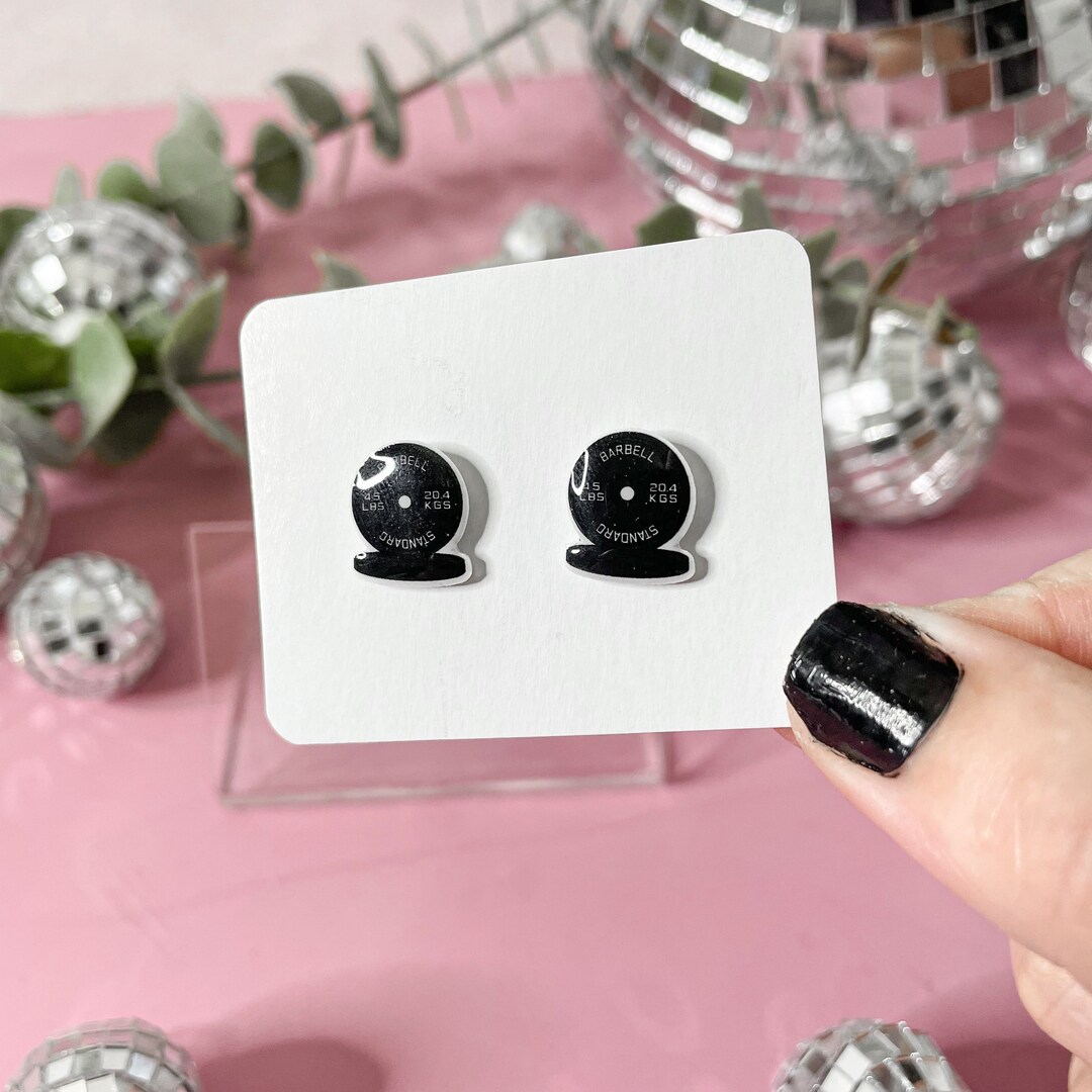 Black 45lb Plate Stack Handmade Stud Earrings, Hand Drawn Earrings ...