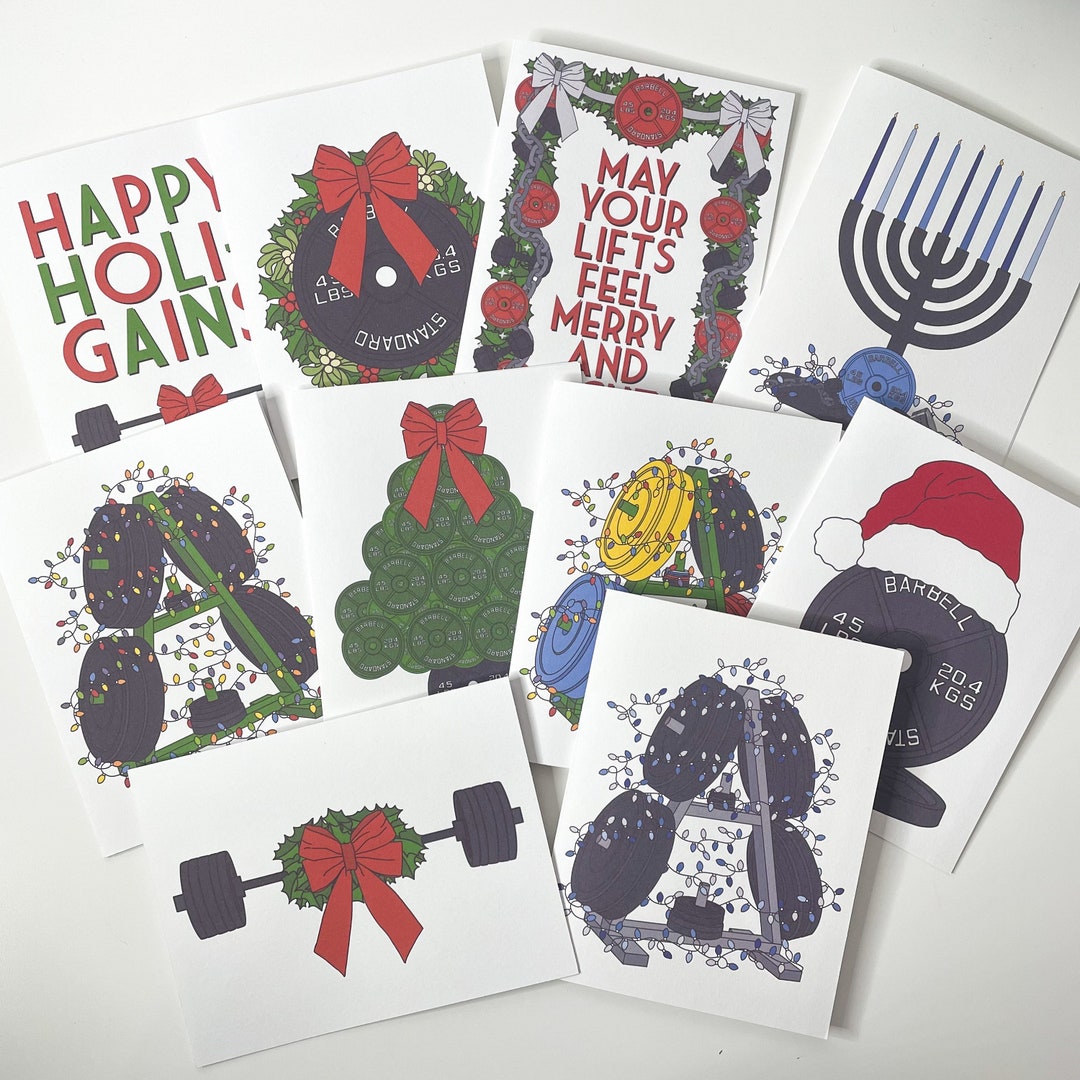 10 Pack Blank Weightlifter Holiday Cards With Envelopes, Powerlifter ...