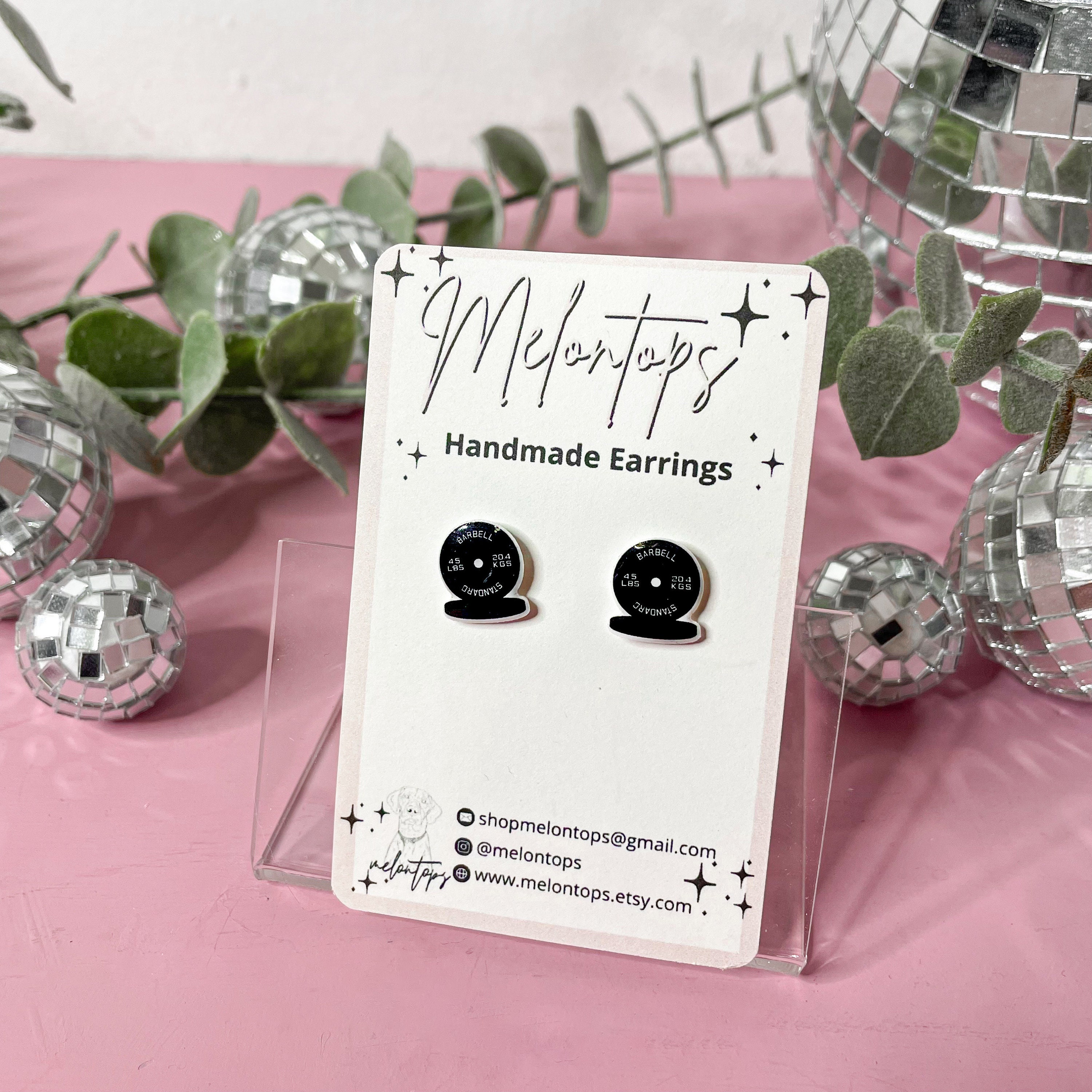 Black 45lb Plate Stack Handmade Stud Earrings, Hand Drawn Earrings ...