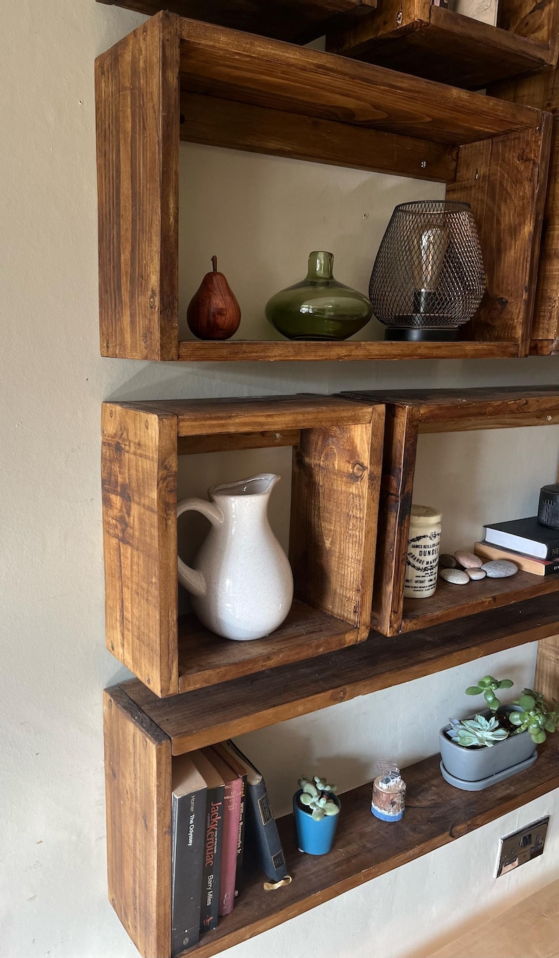 Rustic Wooden Wall Display Cube | Handmade Floating Box Shelf | Modular ...