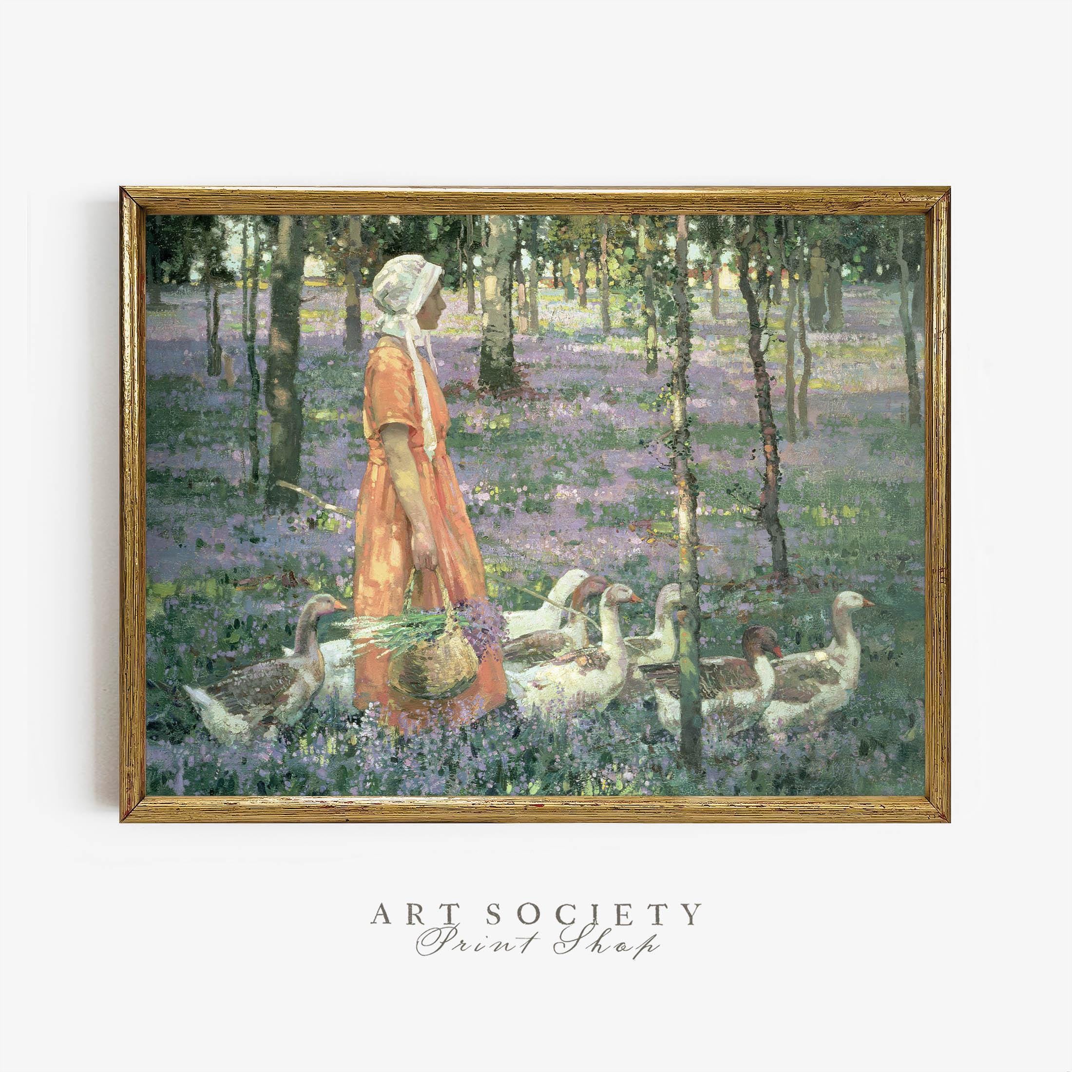 Country Landscape Painting: the Goose Girl | Vintage Bluebell Forest ...