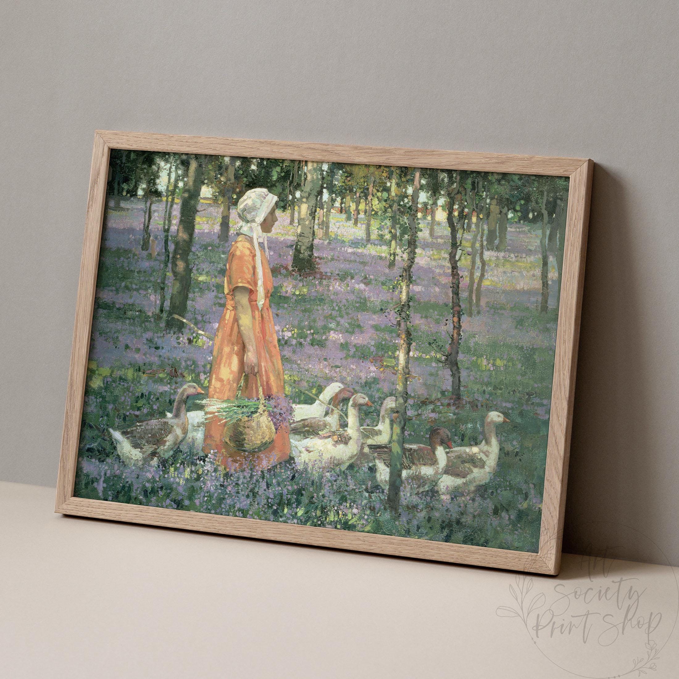 Country Landscape Painting: the Goose Girl | Vintage Bluebell Forest ...