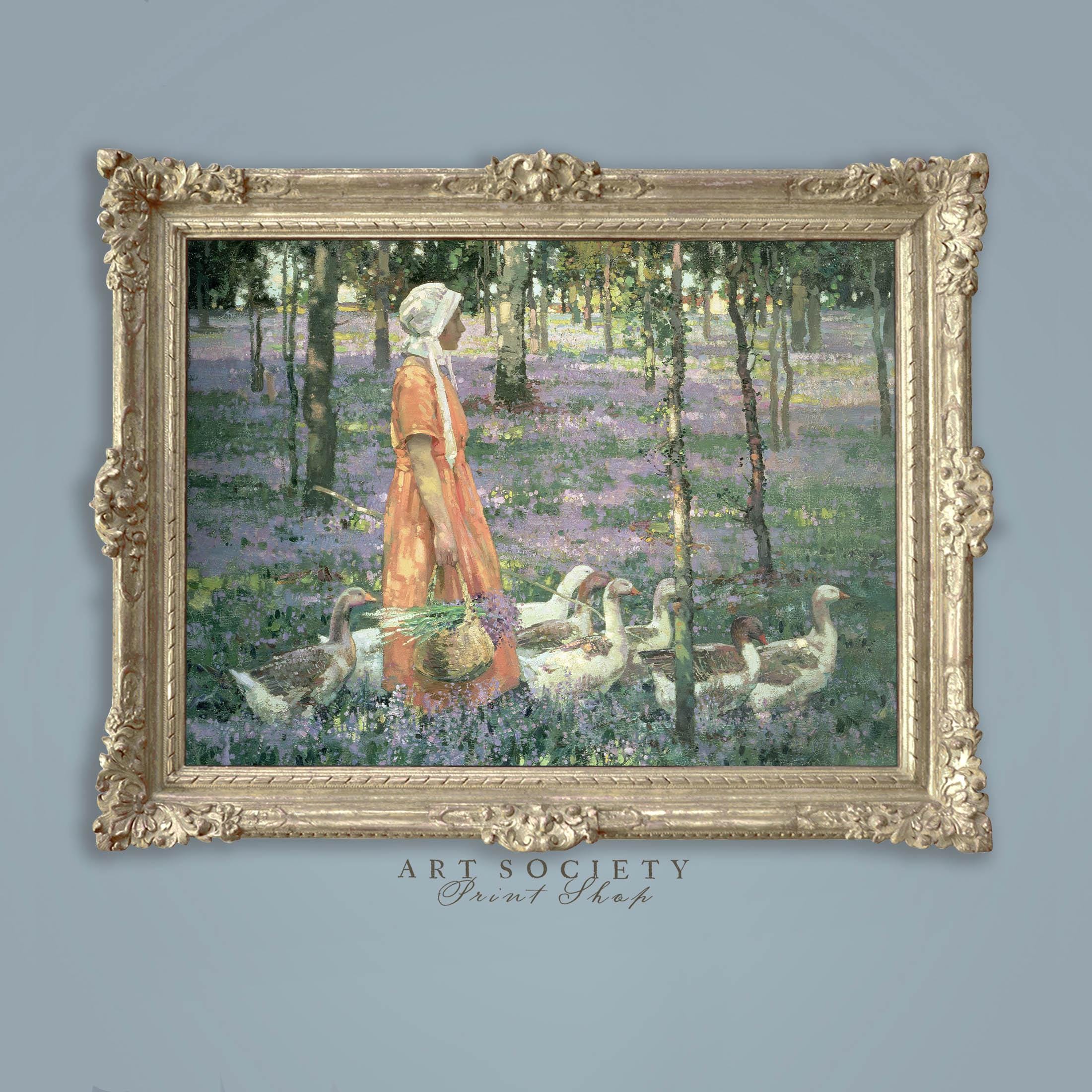 Country Landscape Painting: the Goose Girl | Vintage Bluebell Forest ...