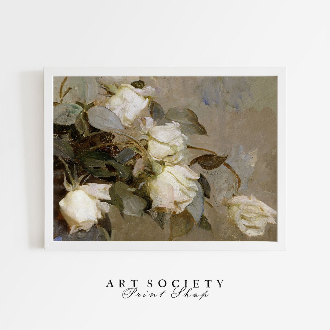 White Amelia Renaissance Roses, Still Life Painting, Vintage Garden Art ...