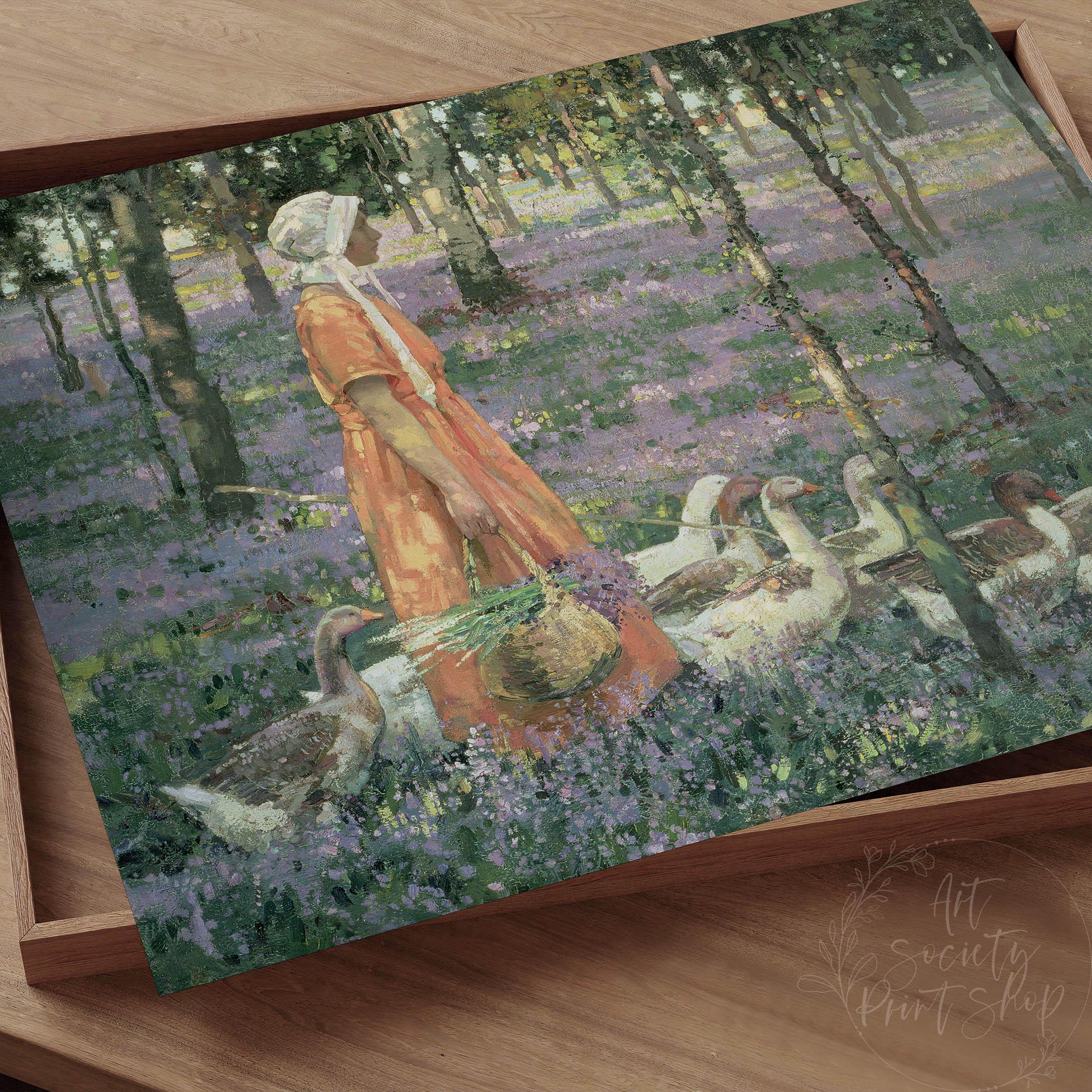 Country Landscape Painting: the Goose Girl | Vintage Bluebell Forest ...