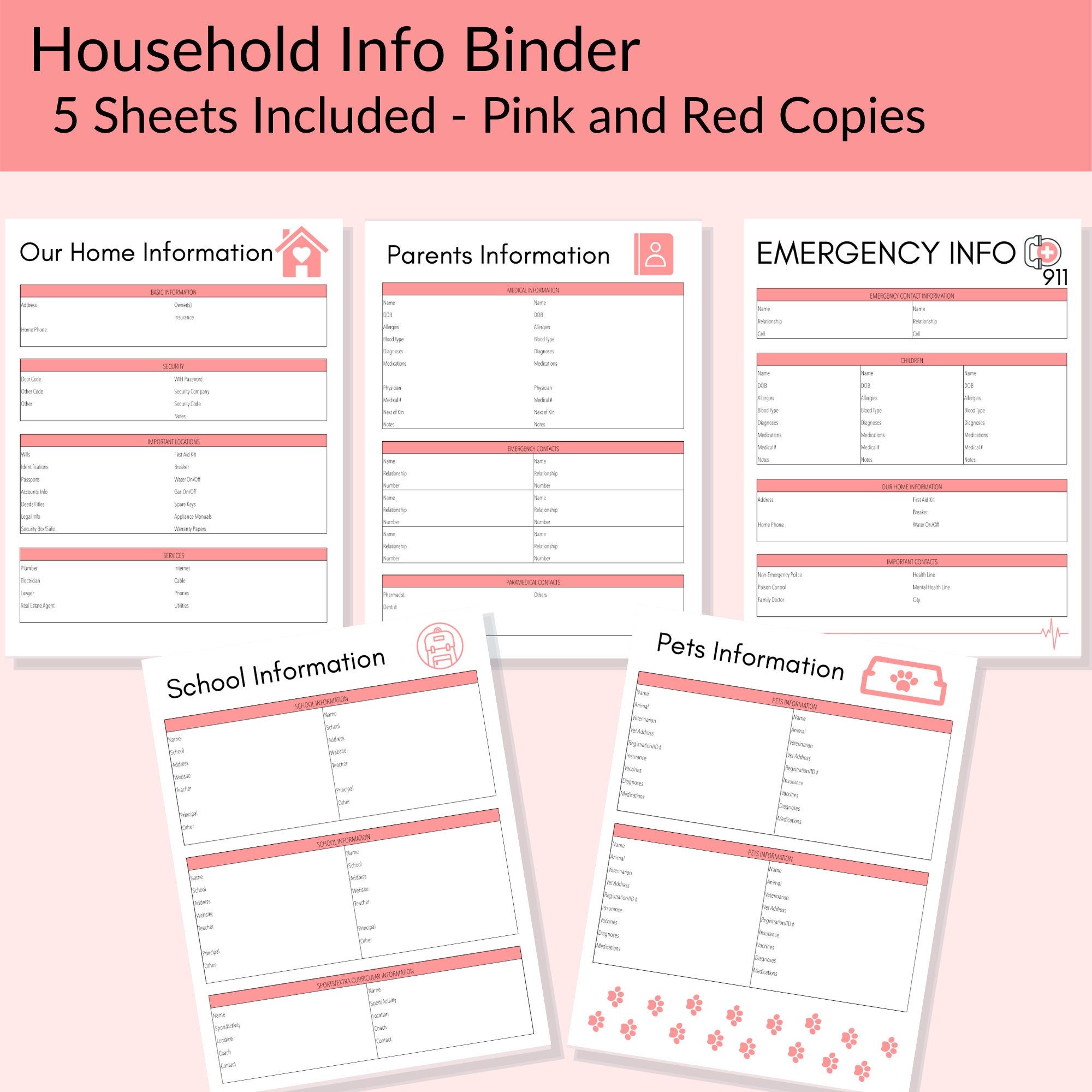 Home Emergency Information Binder, Household Info, Parents Info, School ...