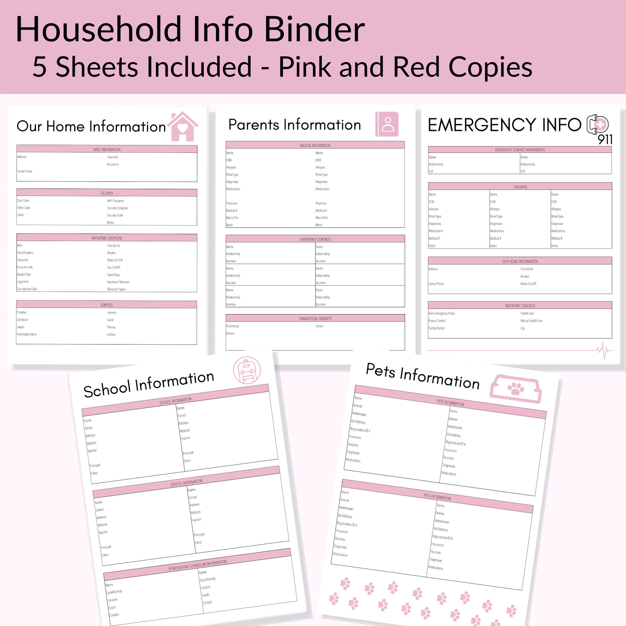 Home Emergency Information Binder, Household Info, Parents Info, School ...