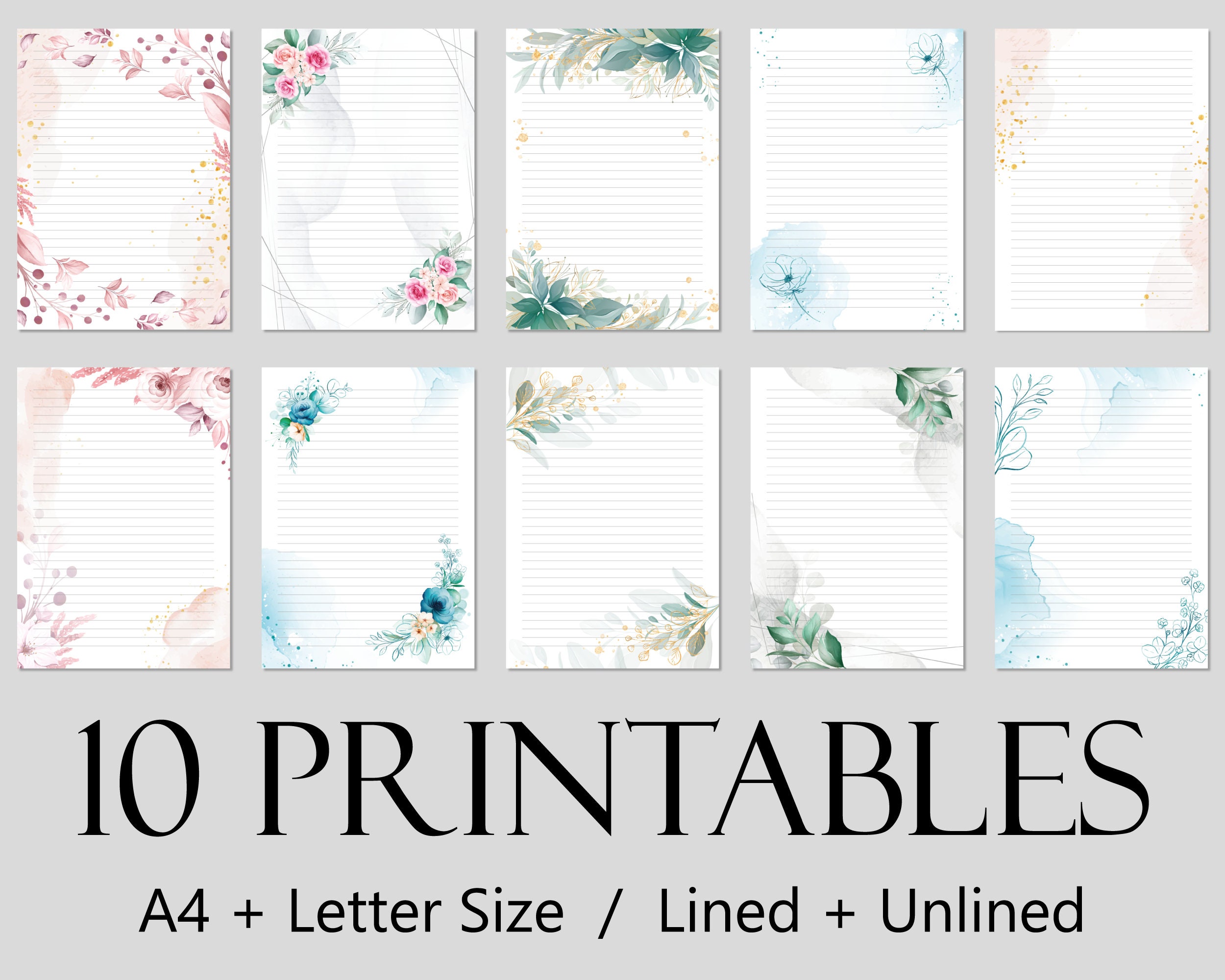 Printable Floral Stationery, Digital Download, Writing Paper 10 Flower ...
