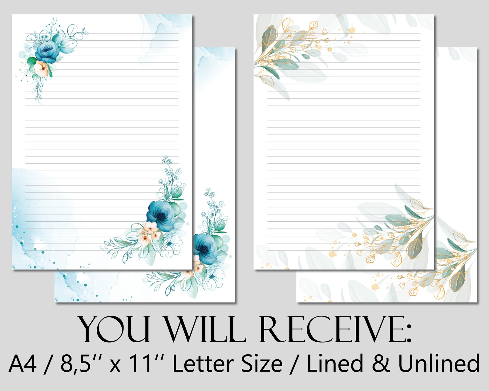 Printable Floral Stationery, Digital Download, Writing Paper 10 Flower ...