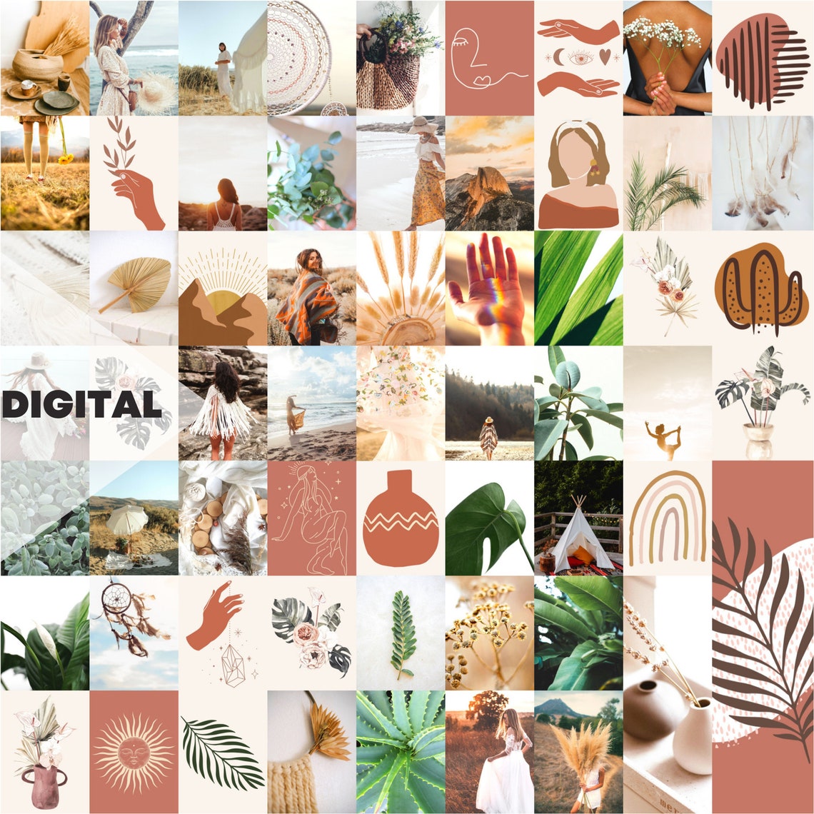 Boho Botanical Aesthetic Wall Collage Kit 60pcs Digital Etsy