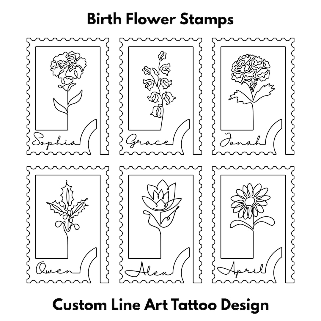 Birth Month Flower Stamp Tattoo Design: Custom Line Art (digital ...