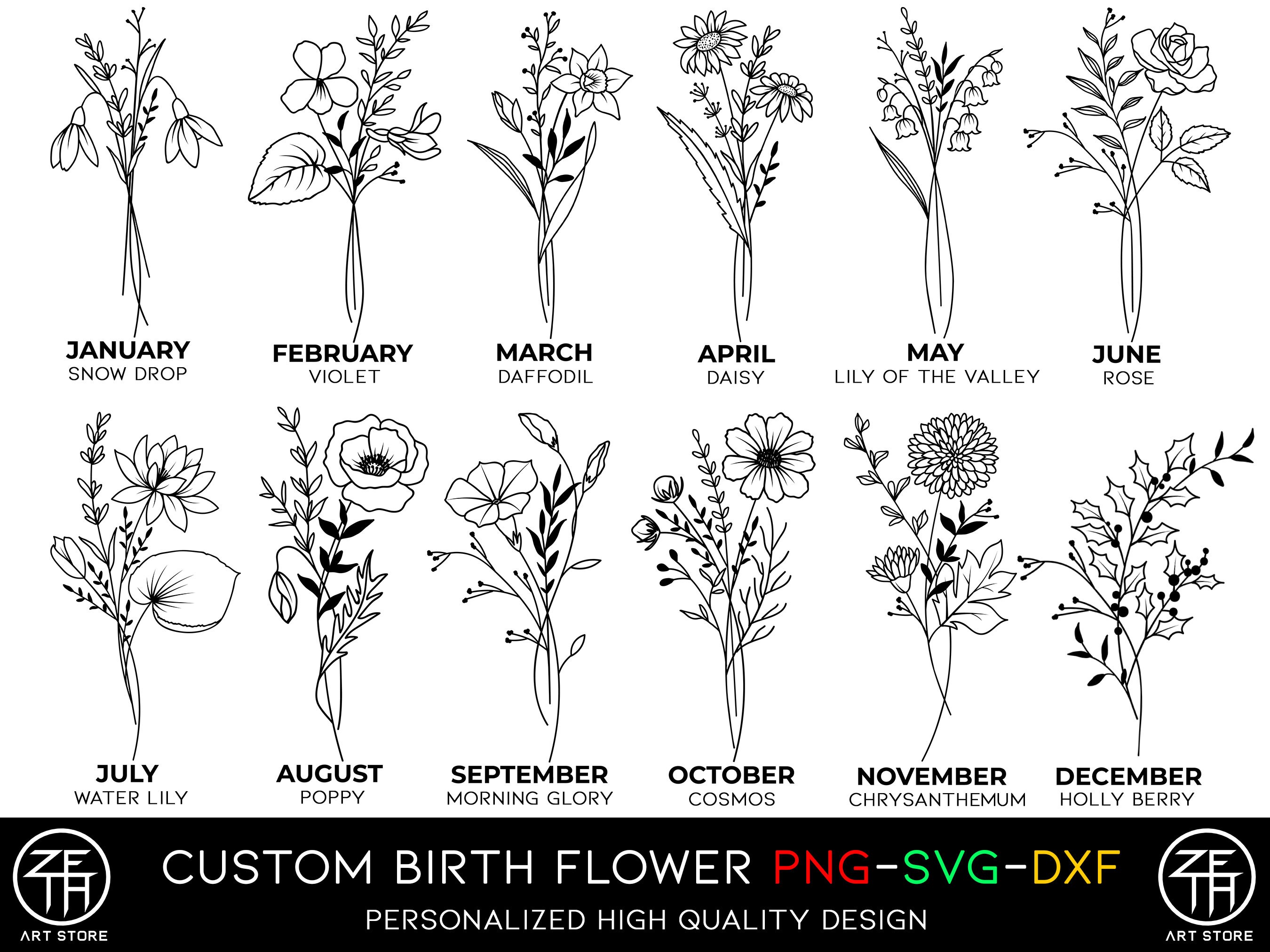 Custom Name Design 6 Personalized Tattoo Design Birth Flower - Etsy