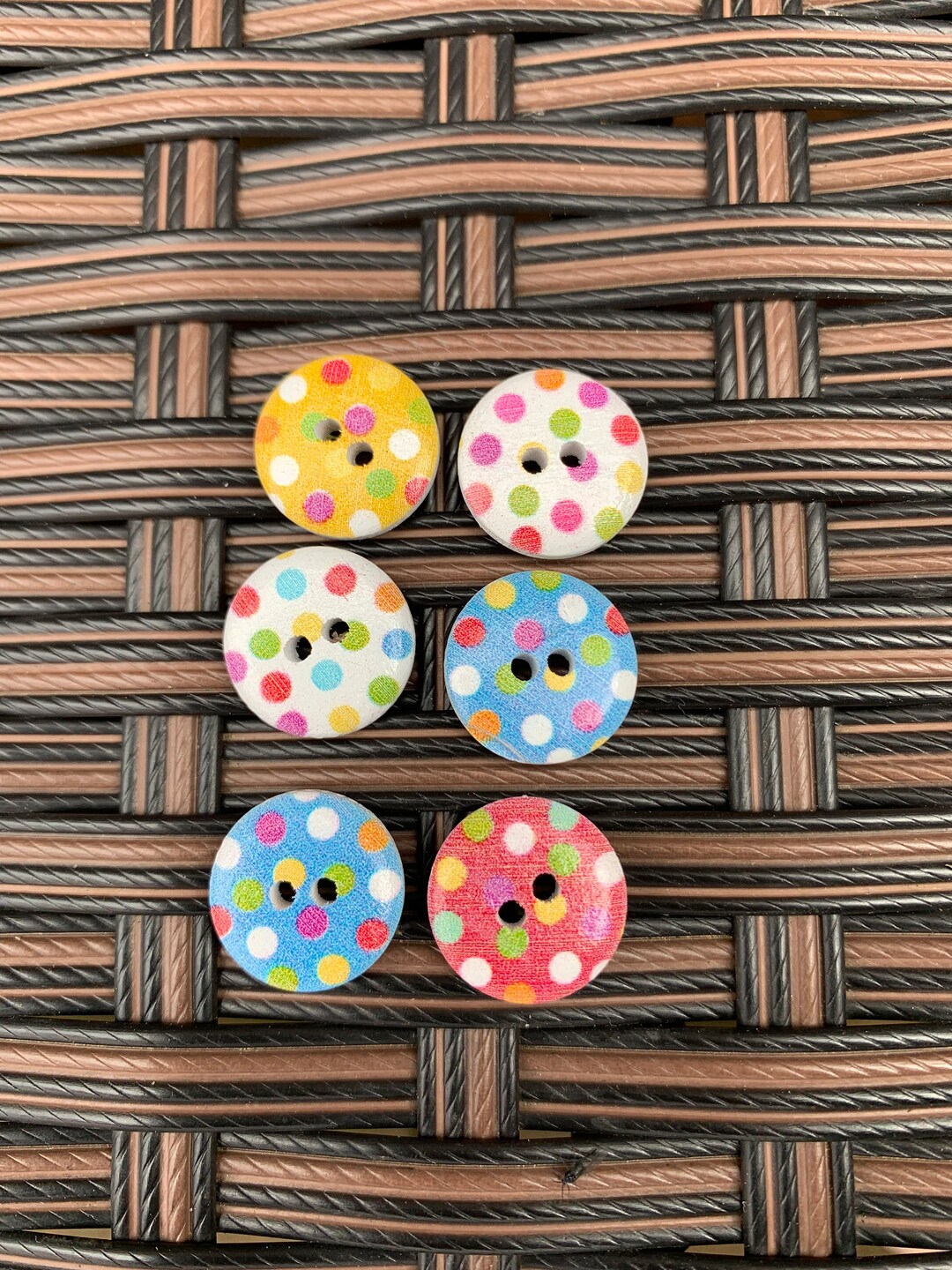 6 X Round Shape Wood Painted Buttons With Coloured Dots, Girl, Boy ...