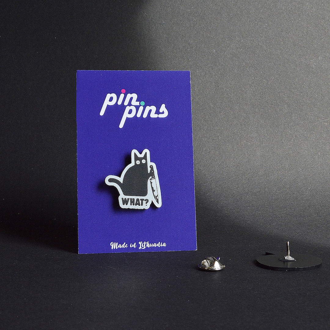 Cat What Funny Black Cat With Knife Pin Badge , Pins, Badges, Brooch ...