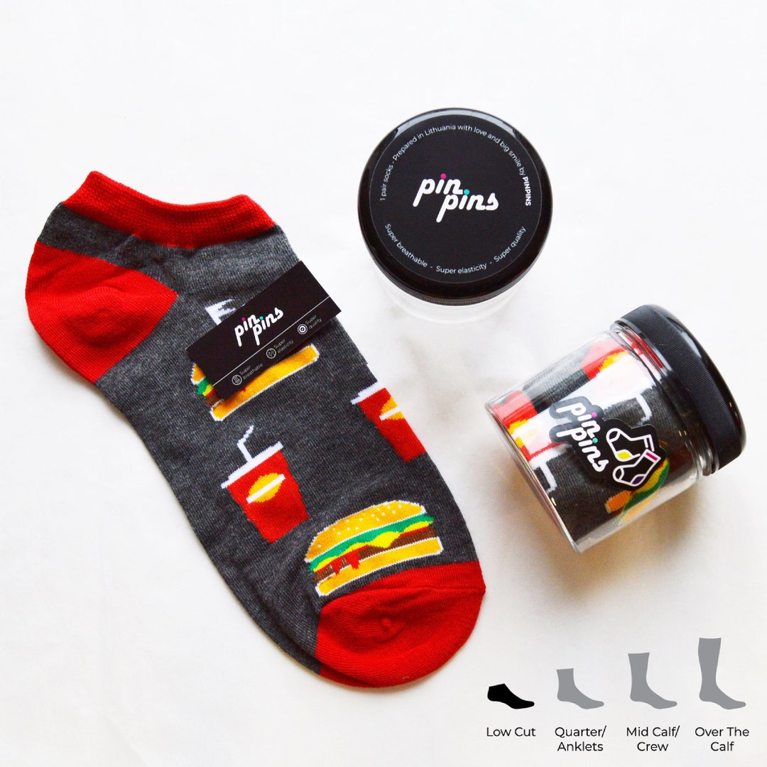Burger and Drink Fast Food Pattern Gray/red Socks Gift, Embroidered ...