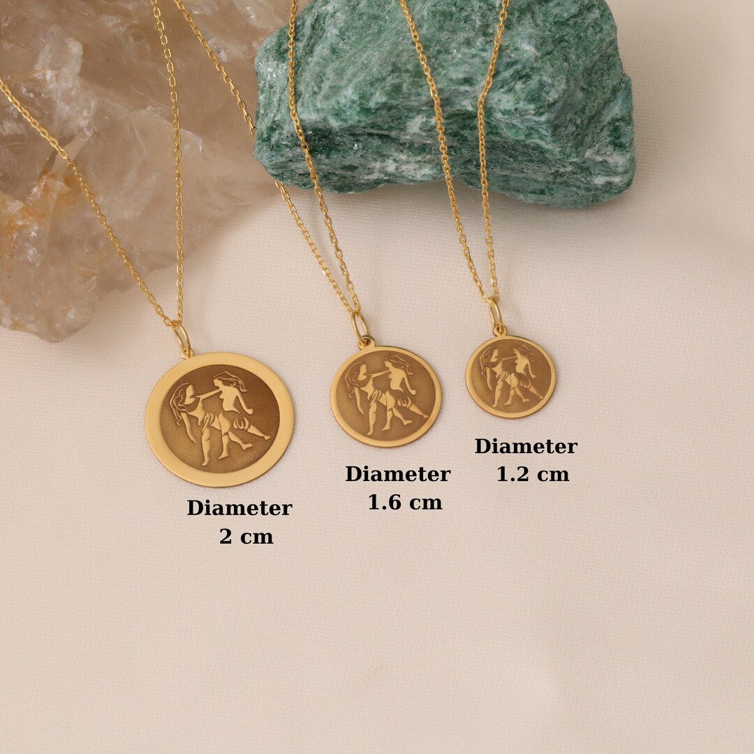 14K Solid Gold Gemini Zodiac Sign Necklace, Round Zodiac Necklace ...