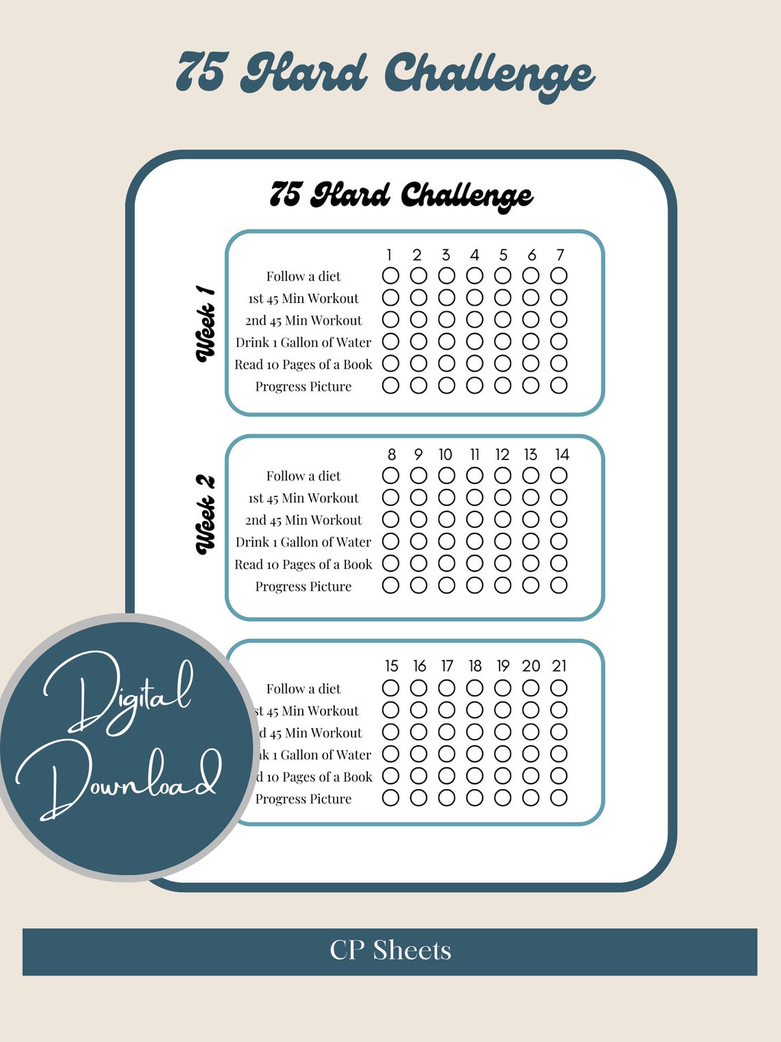 75 Hard Challenge, Printable 75 Hard Tracker, Habit Tracker, Progress ...