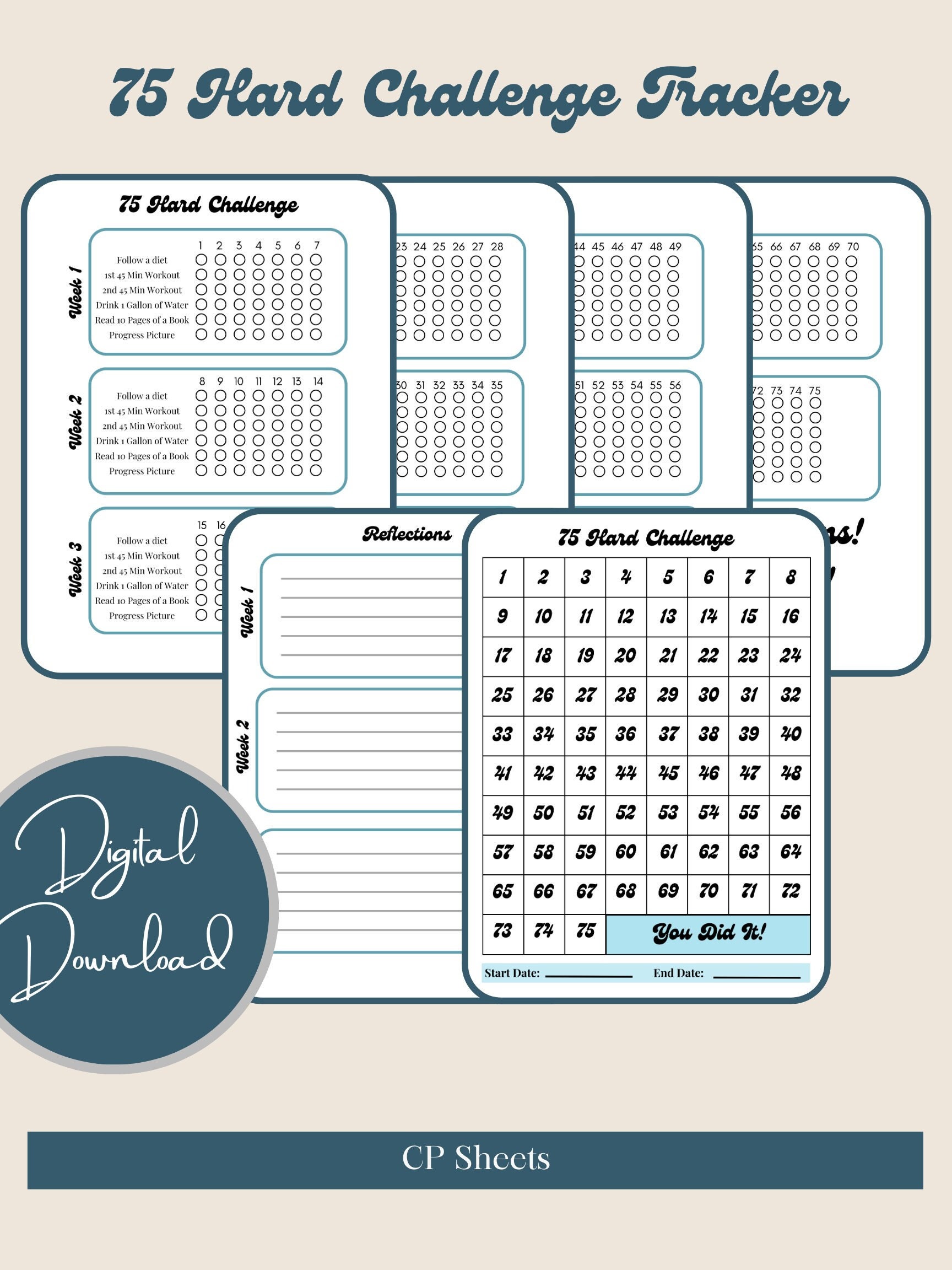 75 Hard Challenge, Printable 75 Hard Tracker, Habit Tracker, Progress ...