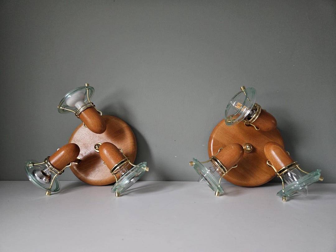 Set of 2 / Vintage Wooden Flush Mount Ceiling Light, Wall Lamp or ...