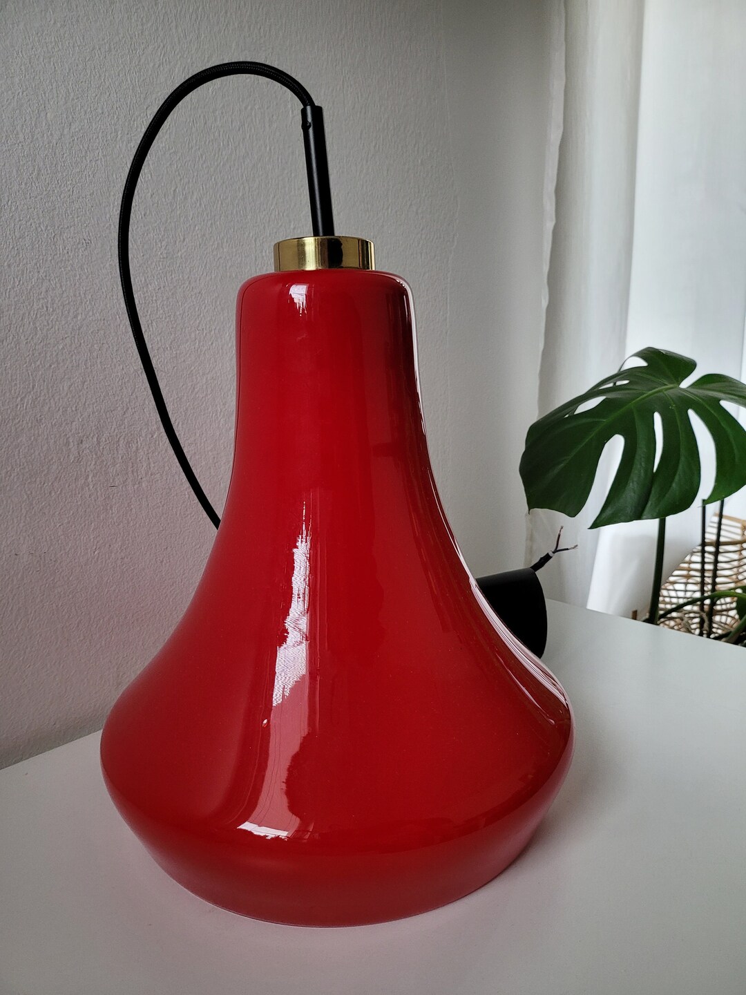 Vintage Pendant Light, Red Glass Ceiling Light, Hanging Lamp, Space Age ...