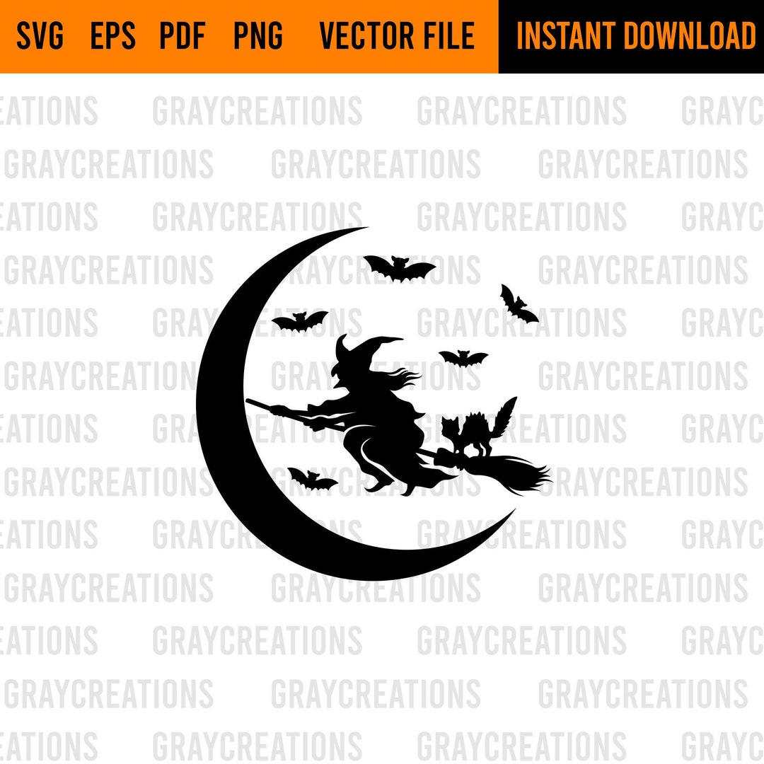 Witch Moon Svg / Witch Riding Broom Stick With Black Cat Clip Art ...