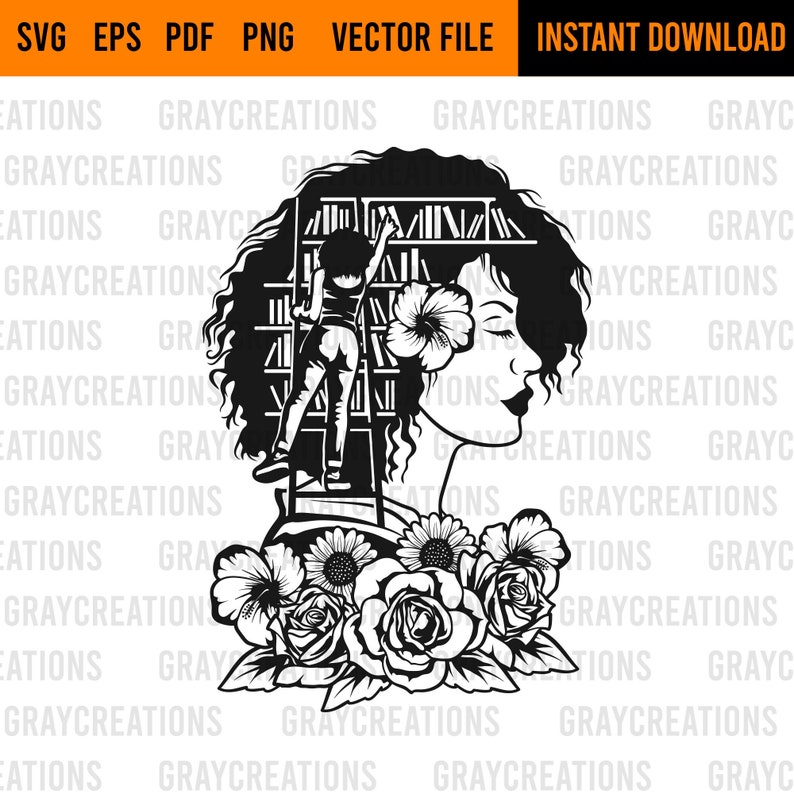 Afro Girl Book Lover Svg / Black Afro Girl With Flowers Svg / - Etsy