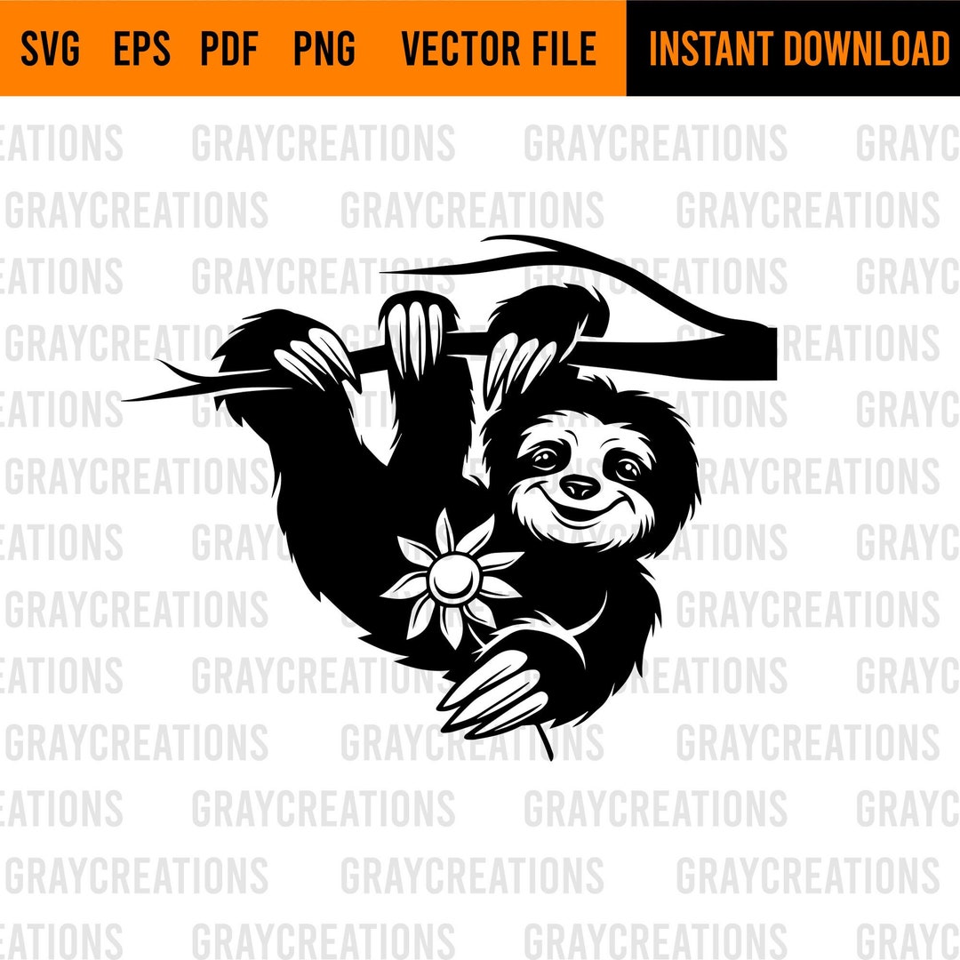 Funny Cute Litle Sloth Hanging on Tree With Flower Svg / Cute Animal ...