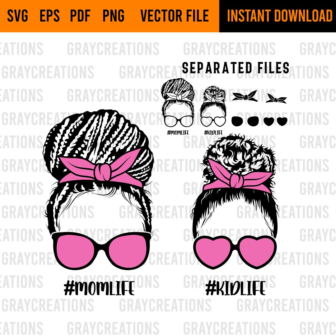 Momlife Braided Bun Bundle Svg / Kidlife Afro Bun Svg / Afro Lady Svg ...