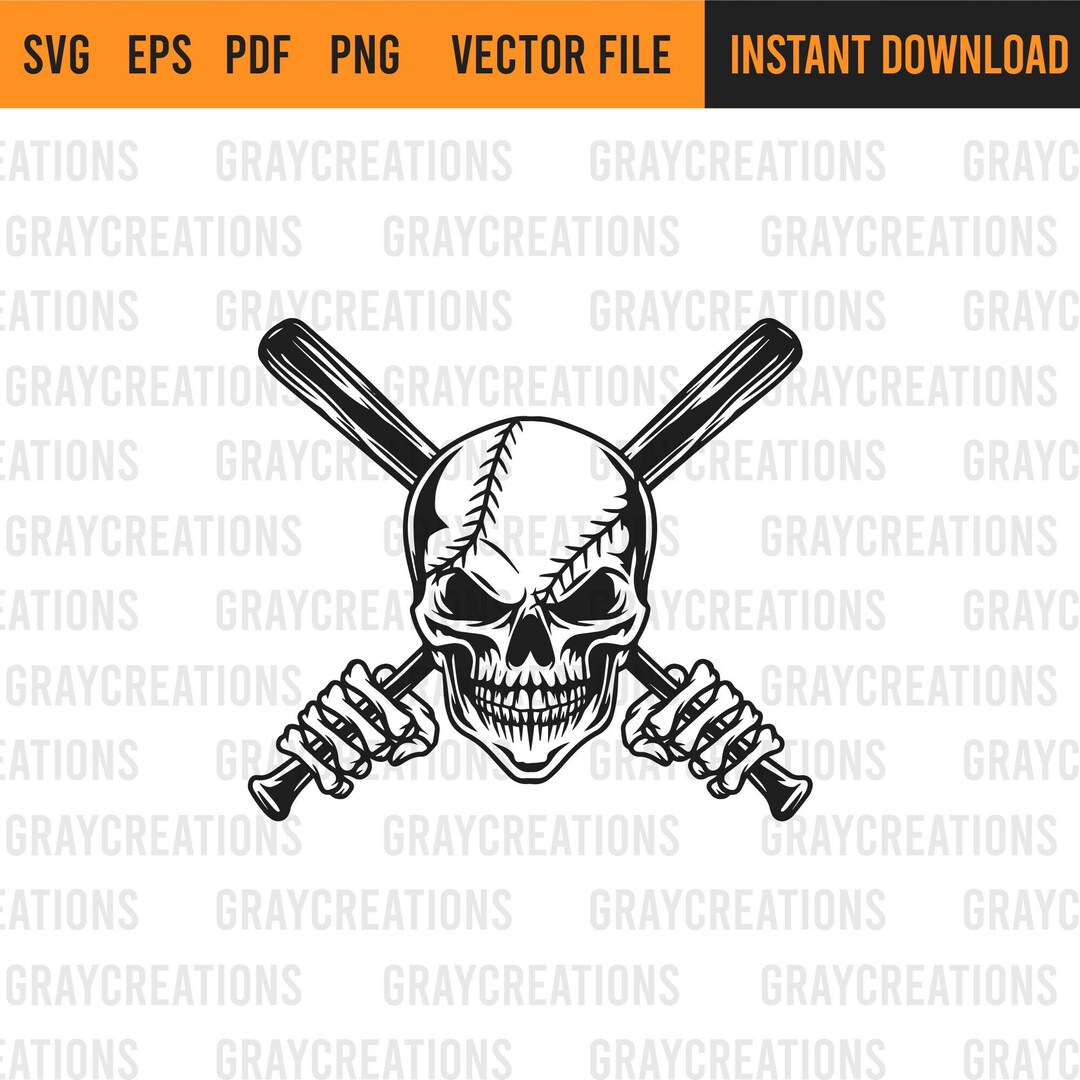 Baseball Skull With Crossed Bats Svg | Softball Skull Svg | Skull Svg ...