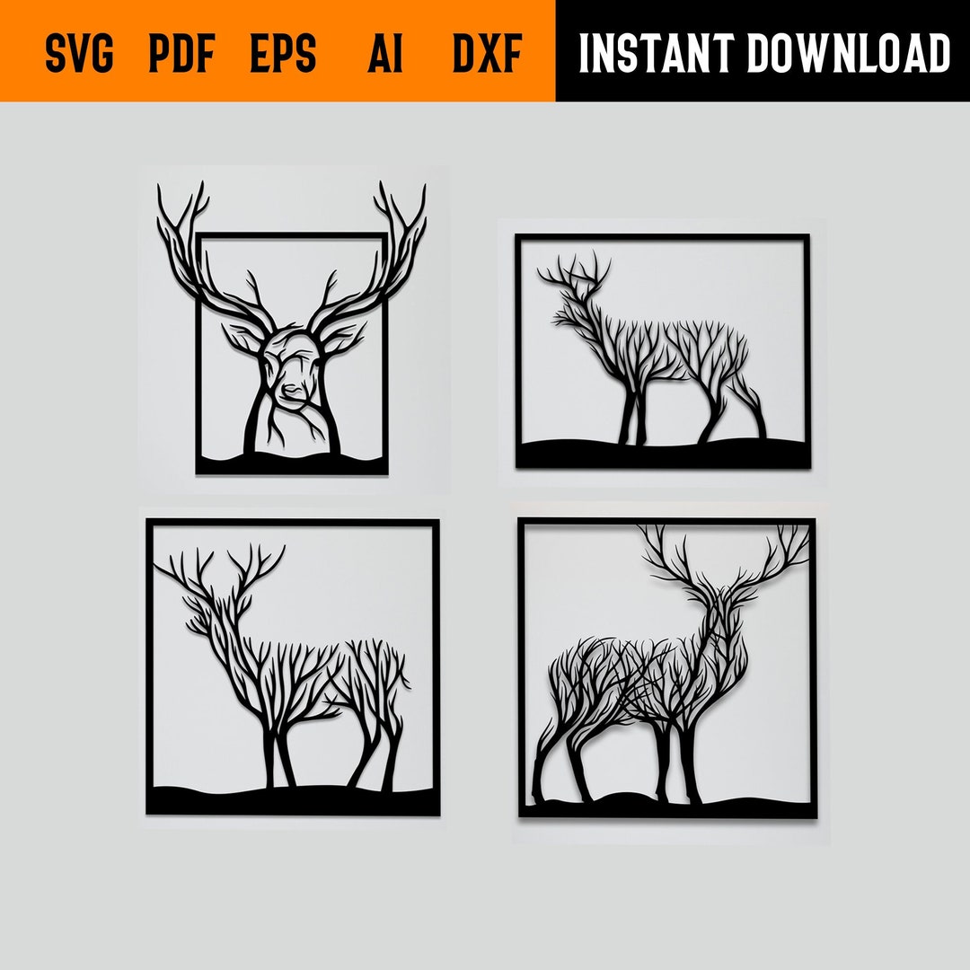Deer Tree , Wall Art Bundle , Set of 4 Design , Dxf ,svg , Deer Svg ...