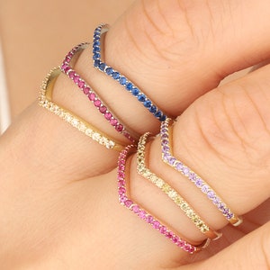 Personalized Birthstone Family Half Eternity Chevron V Birthstone Ring, Women Gift, Stackable ...