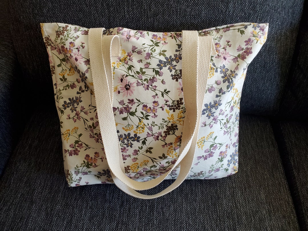 Large Tote Bag - Purple and Beige Floral Totebag - 15x19 - Etsy