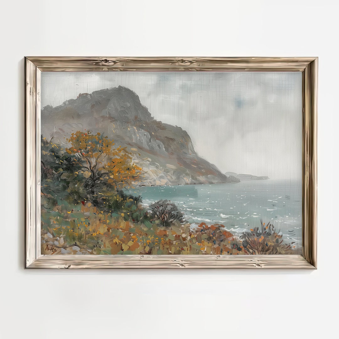 Rustic Seascape Wall Art Print, Digital Moody Vintage Beach Painting ...