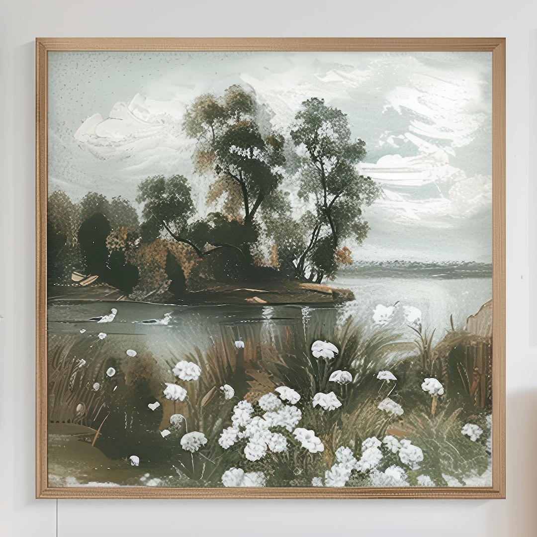Antique Lakeside Wall Art Print, Digital Muted Lake House Painting Home ...