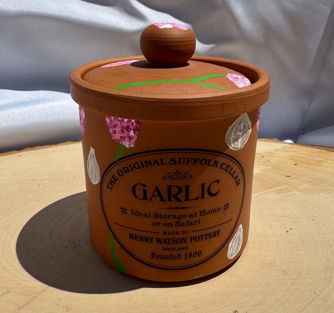 Large Garlic Storage Container - Hand Painted Terracotta Spice Storage ...