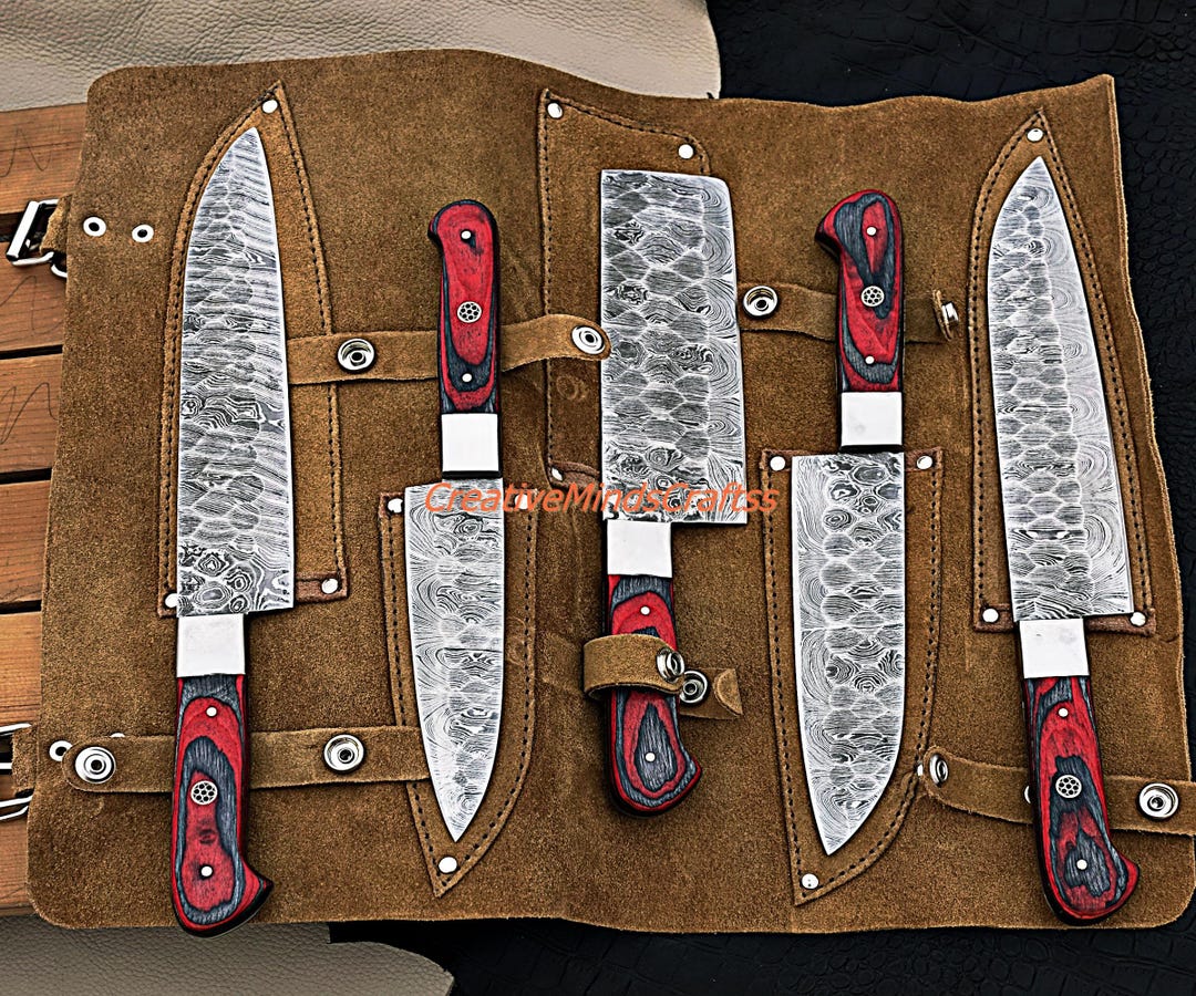 Damascus Steel Chef Set, Kitchen Set, Custom Cooking Tools 5pcs Handmade Hand Forged Steel ...
