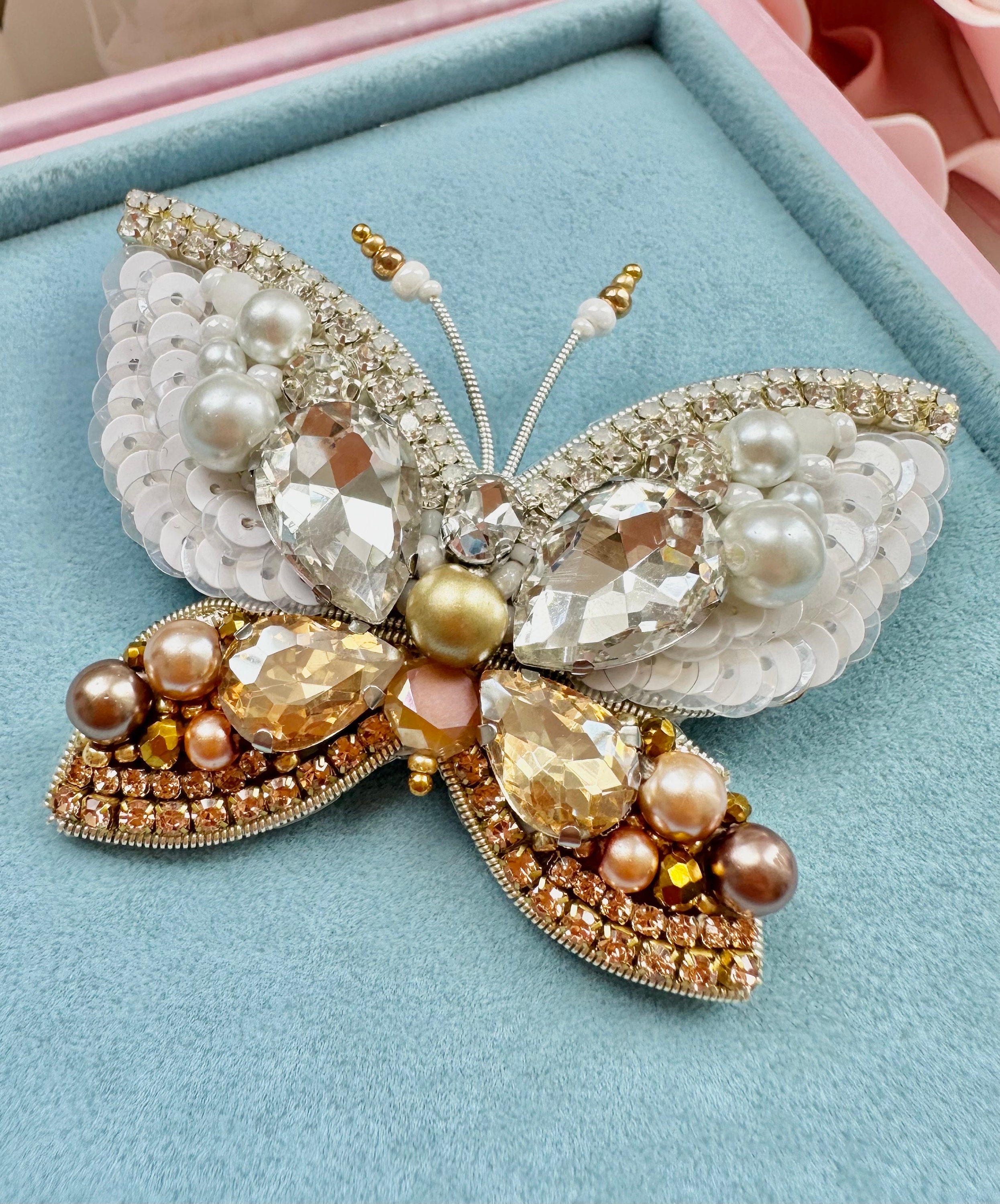 Hand-embroidered Brooch butterfly in Golden White Color. Handmade Gift ...