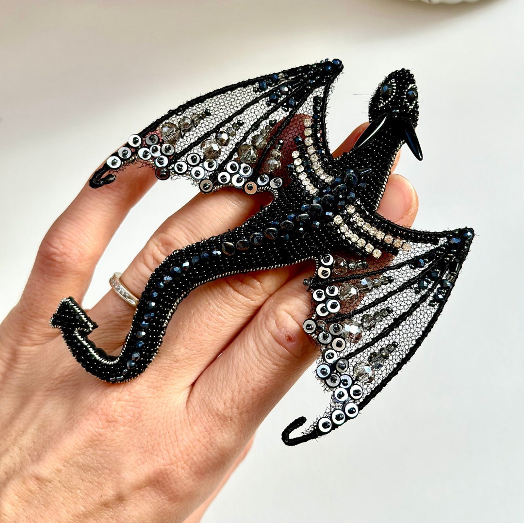 Handmade Embroidered Brooch “black Dragon”. Designer Hand Embroidered ...