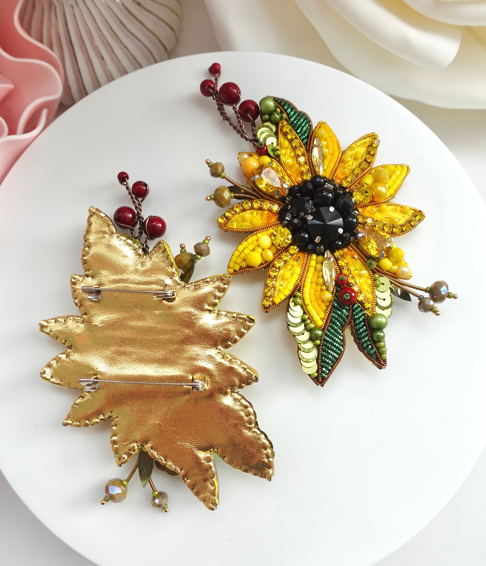 Hand Embroidered Pin Brooch sunflower. Large Designs Brooch. Colorful ...