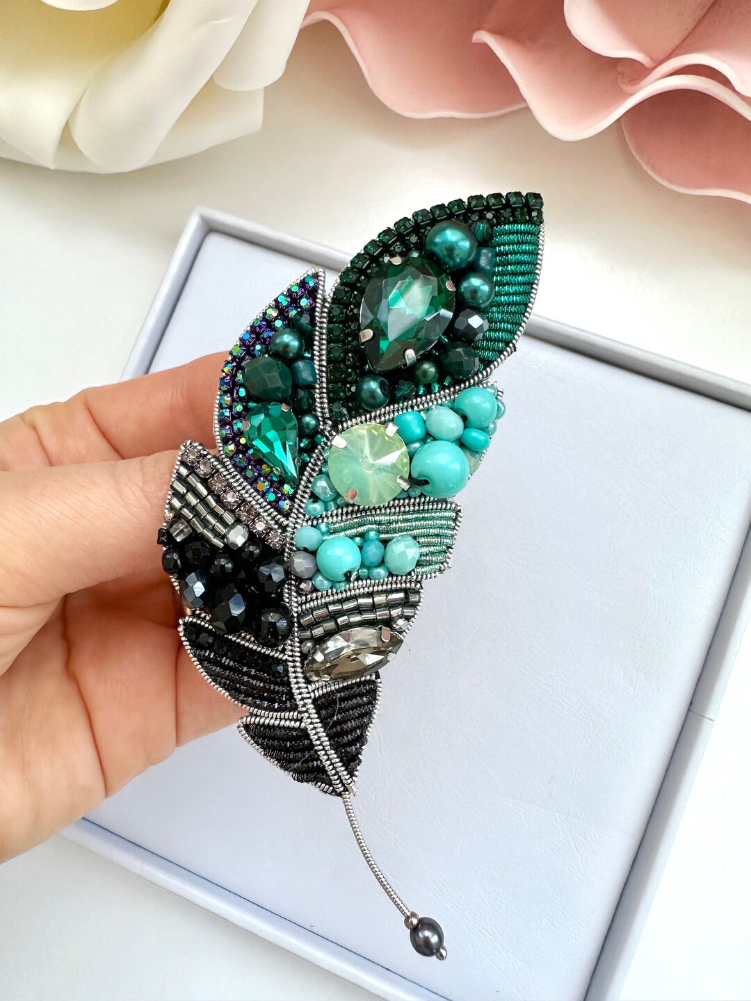 Beaded Brooches “teal Feather”. Handmade Designer Brooch. High Quality ...