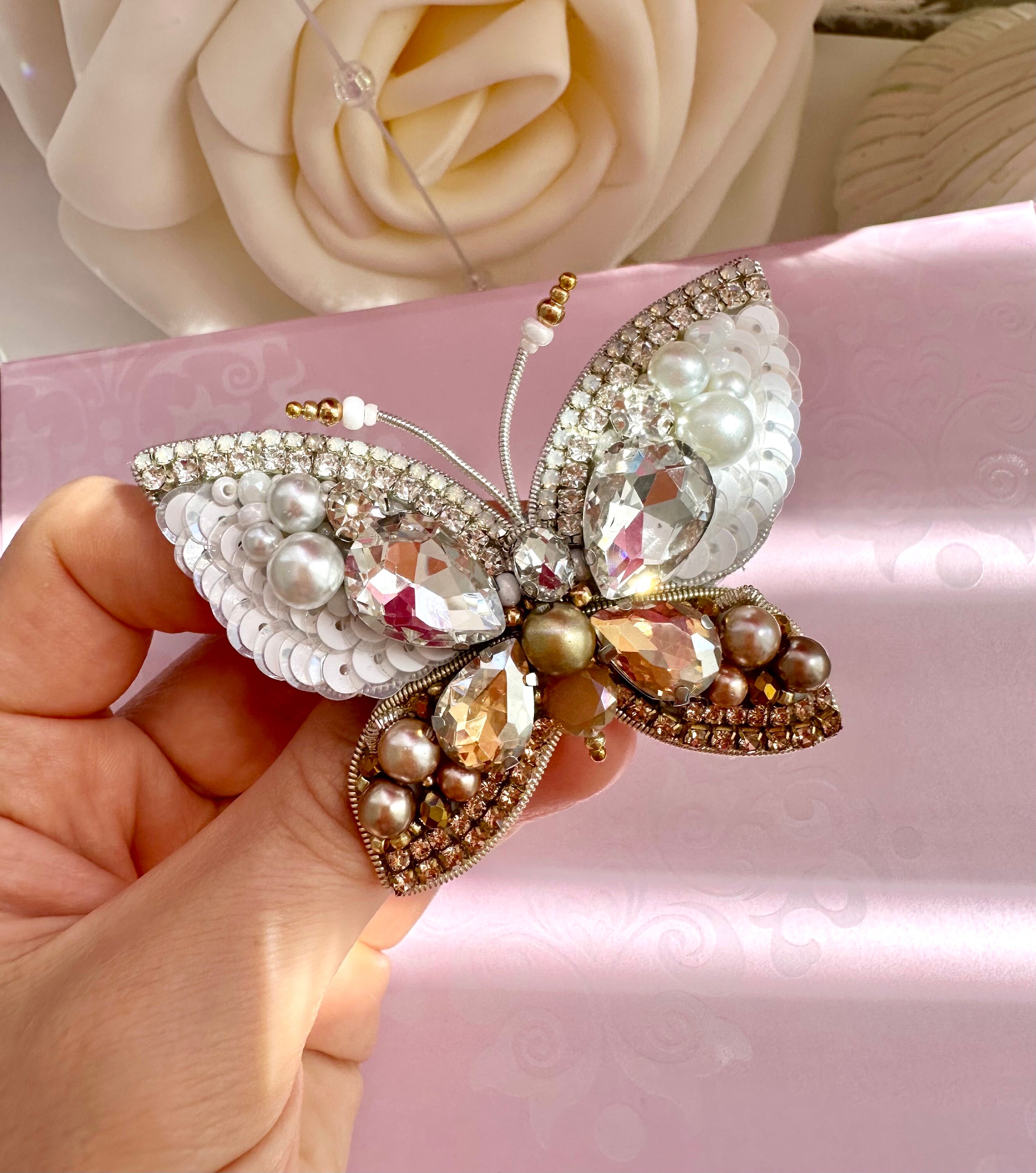 Hand-embroidered Brooch butterfly in Golden White Color. Handmade Gift ...
