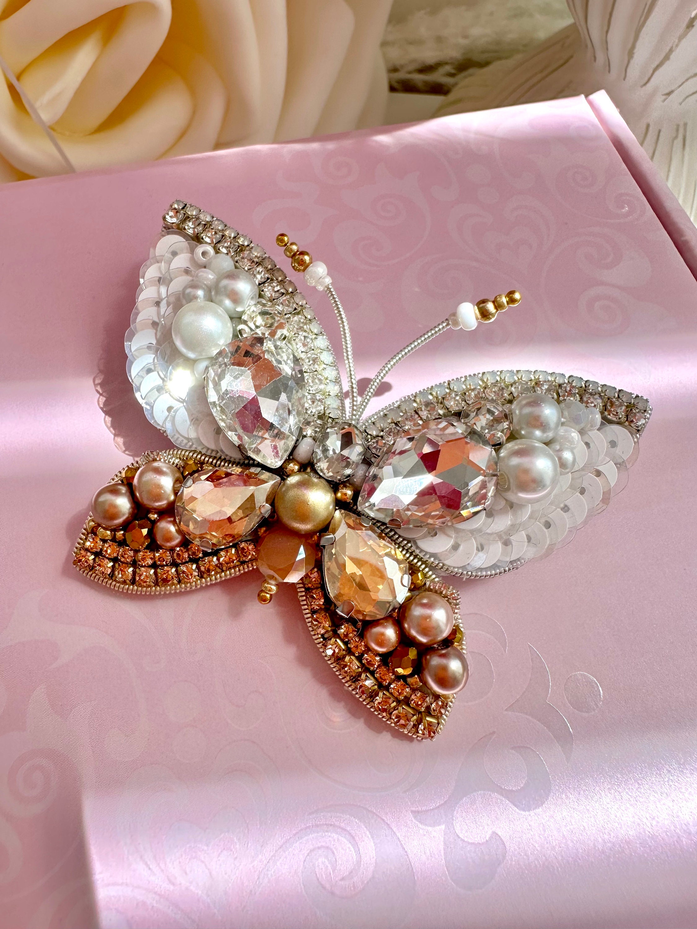 Hand-embroidered Brooch butterfly in Golden White Color. Handmade Gift ...