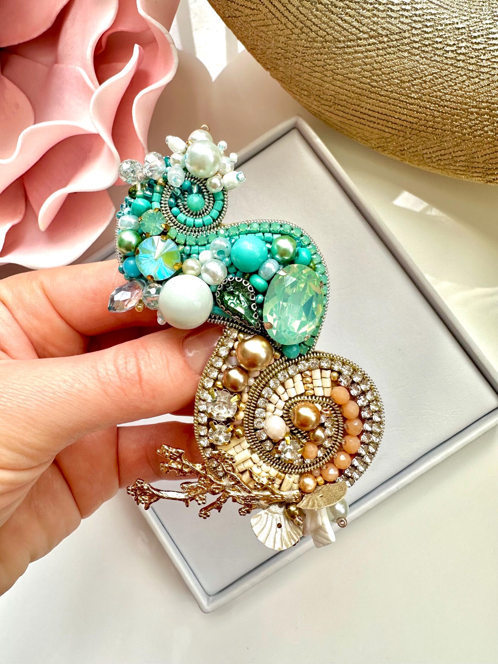 Handmade Beaded Wave Brooch: Ocean-inspired Gold Turquoise Jewelry - Etsy