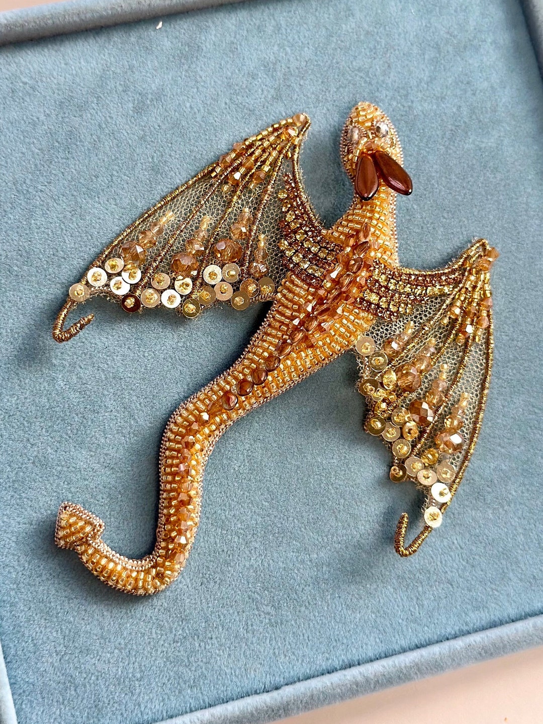 Handmade Embroidered Brooch gold Dragon. Designer Hand Embroidered Pin ...
