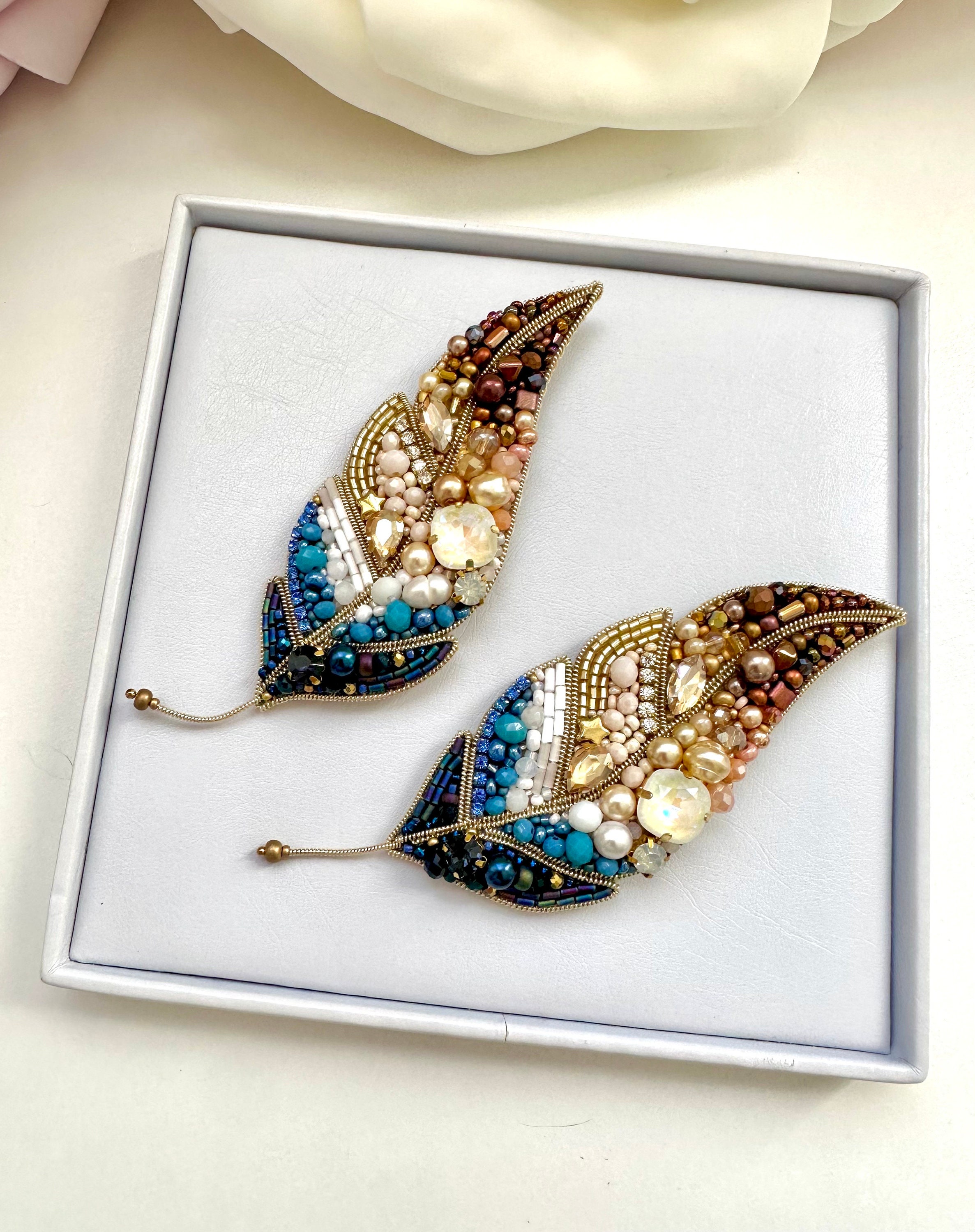 Beaded Brooches golden Blue Feather. Handmade Designer Brooch. High ...