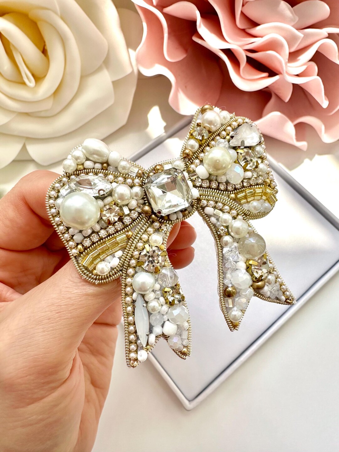 Hand-embroidered Brooch White Bow Handmade Designer Pin Brooch ...